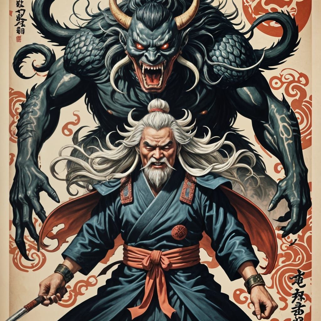 E-Ukiyo Style Demon Slayer vs. Prehensile Hag - AI Art