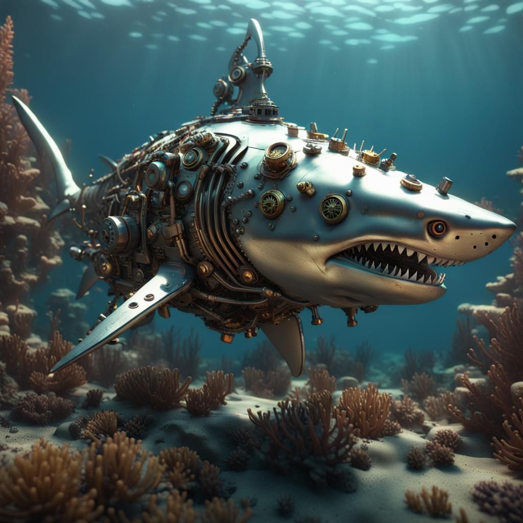 Steampunk hammer head shark with gear eyes, mechanical fins, anvil nose ...