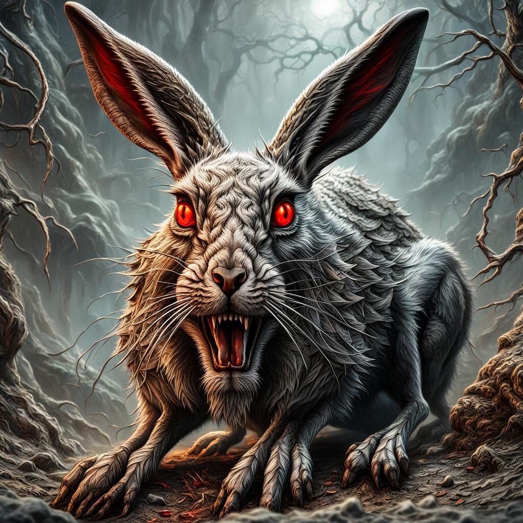HORROR, mysterious sinister wild jackrabbit, red eyes, fangs, ominous ...