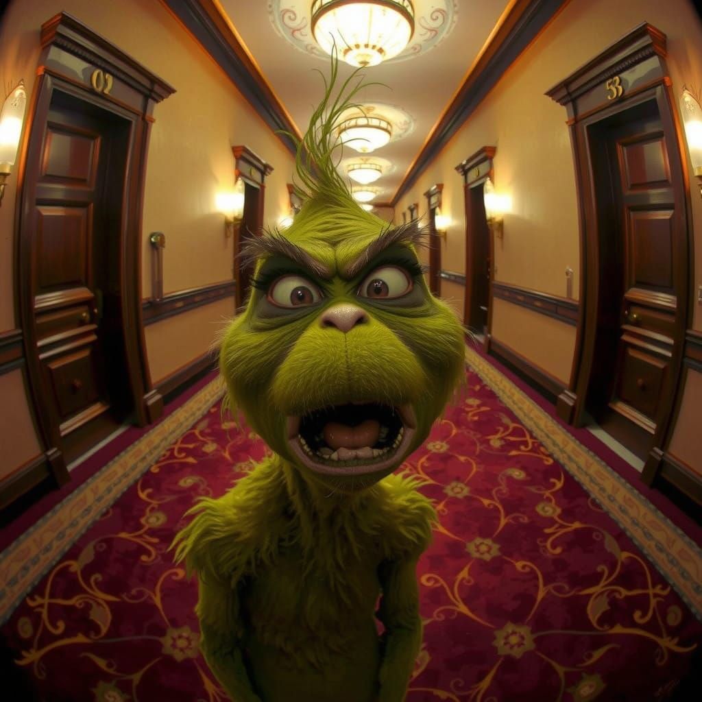Grinch - Whimsical Grinch in Lavish Hotel Hallway
