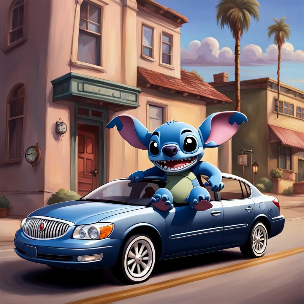 Stitch driving a 2006 Buick Lacrosse, perfectly rendered surrealism ...