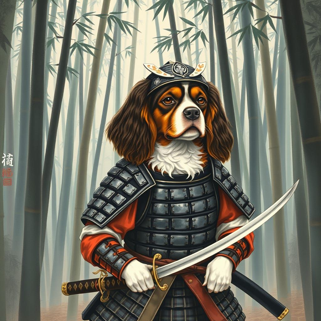 Cavalier King Charles Spaniel Samurai in Bamboo Fo... - AI Art