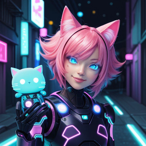 CUTEPUNK robot AI Cat Girl - Whimsical Neon Robot Cat Girl i...