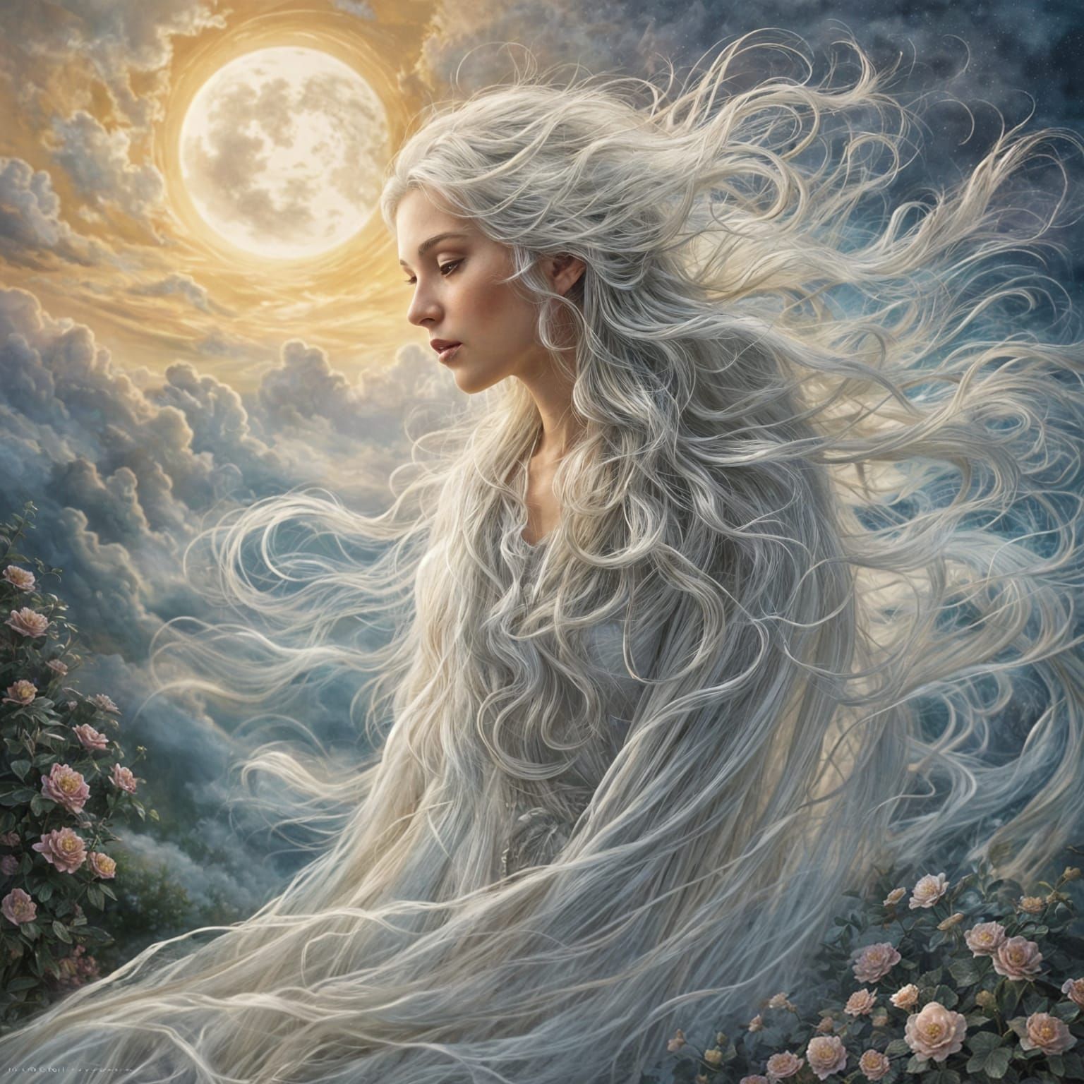 A close-up of a beautiful goddess of the wind stands with white hair ...