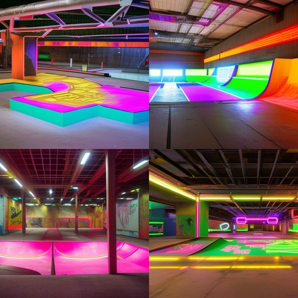 neon skate park in abandon mall made out of wood and run down - AI ...
