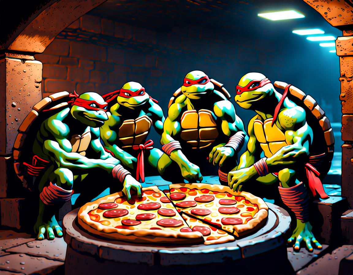 A Lot of Raphaels Eating Pizza - AI Generated Artwork - NightCafe Creator