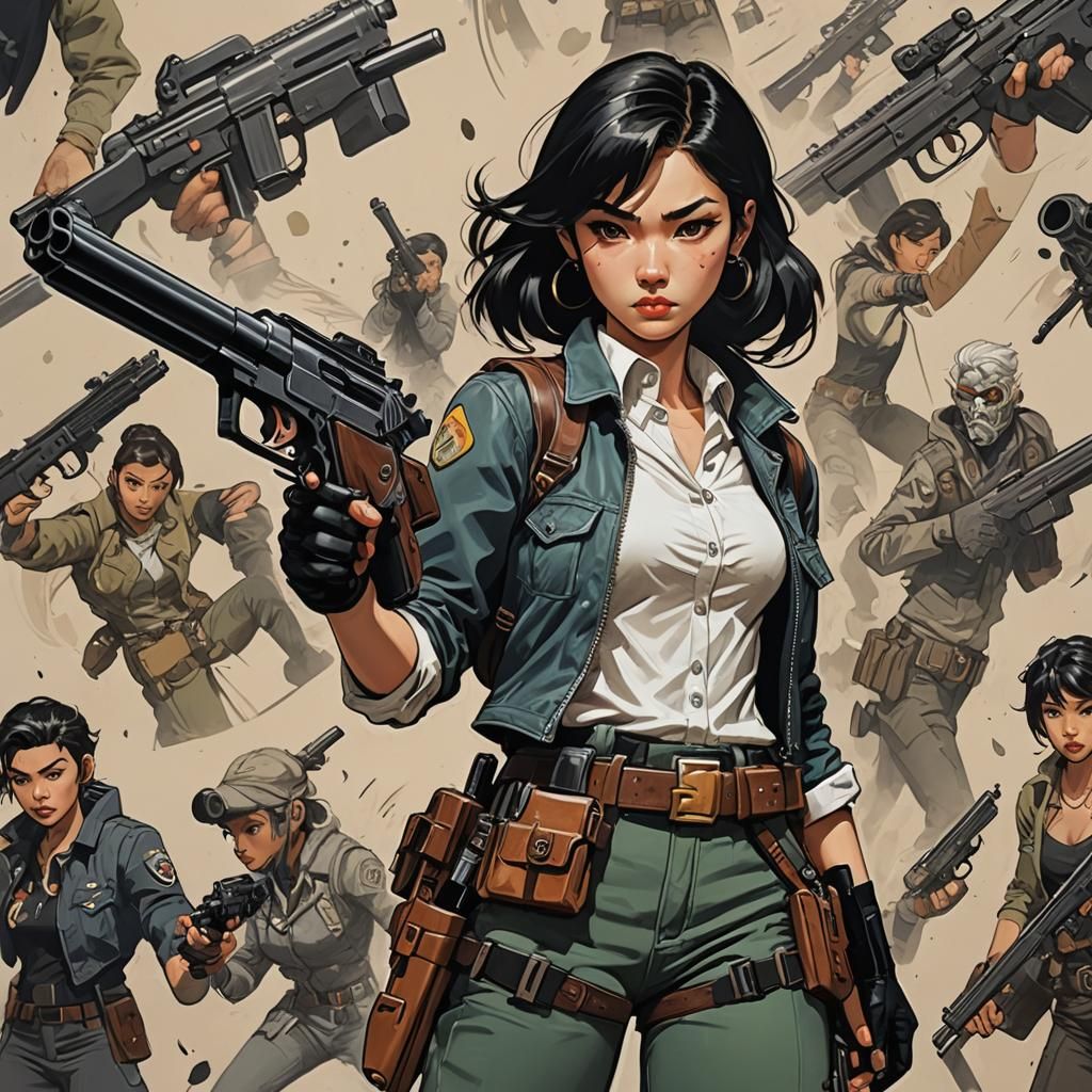 an image of an animation character holding a gun, in the style of ...