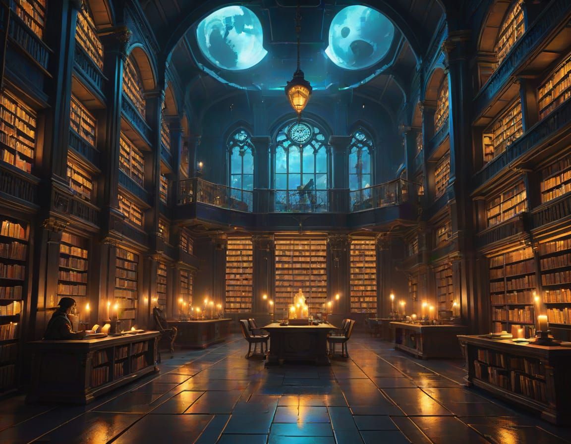Endless Library of Ancient Tomes and Shimmering Po... - AI Art