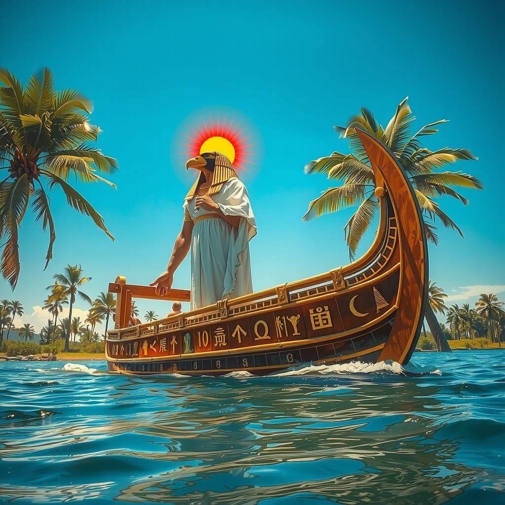 Egyptian God Ra navigating on his Solar Barque