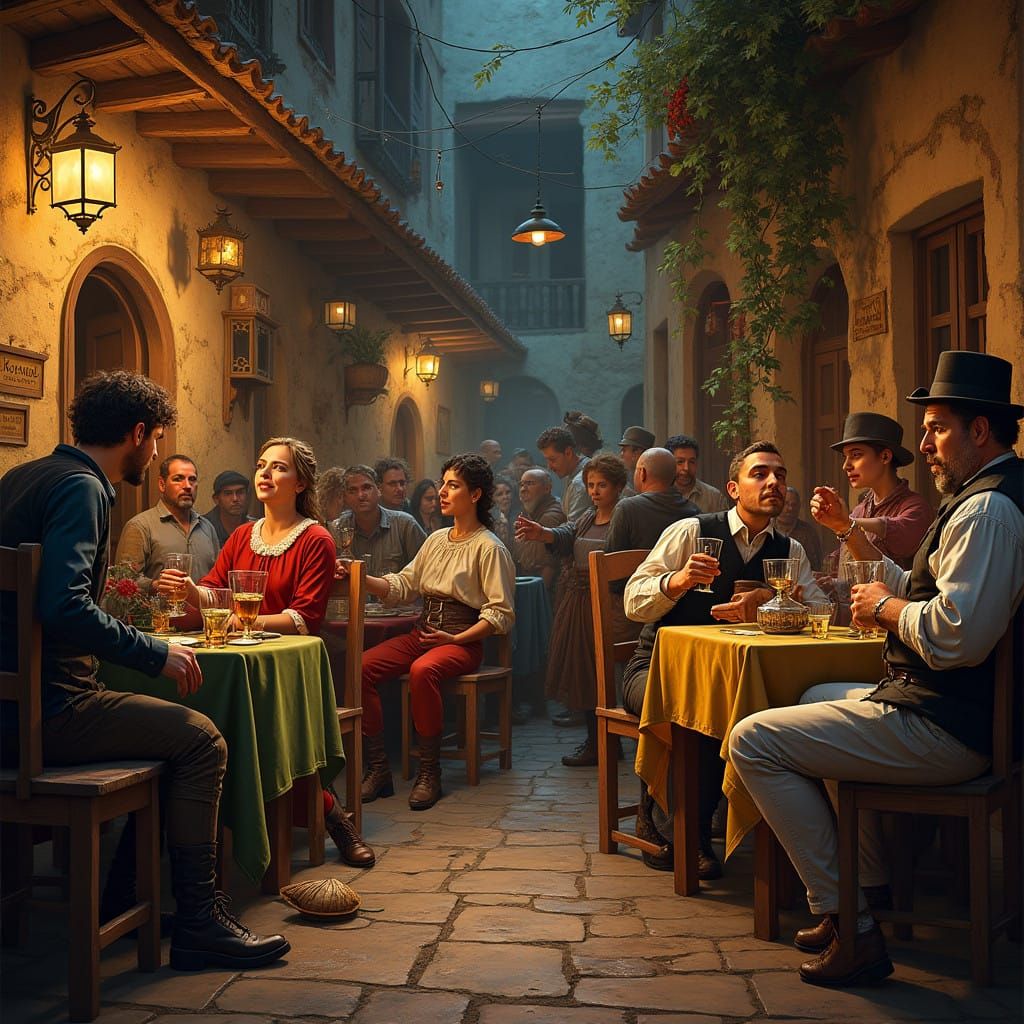 Comedic Scenes in a 17th Century Spanish Inn, in a... - AI Art