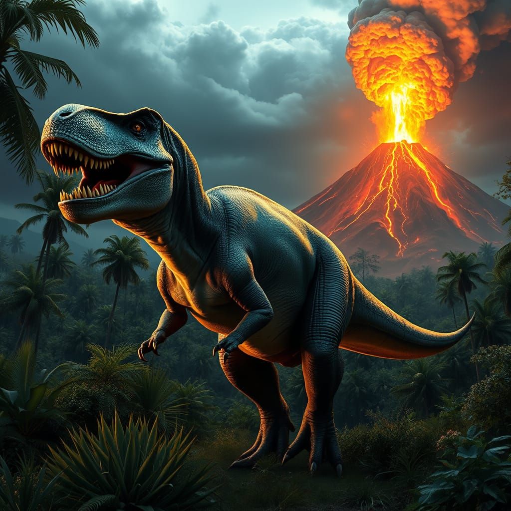 T. Rex - Majestic T. Rex Gazing Up at Erupting Volcano in Pr...