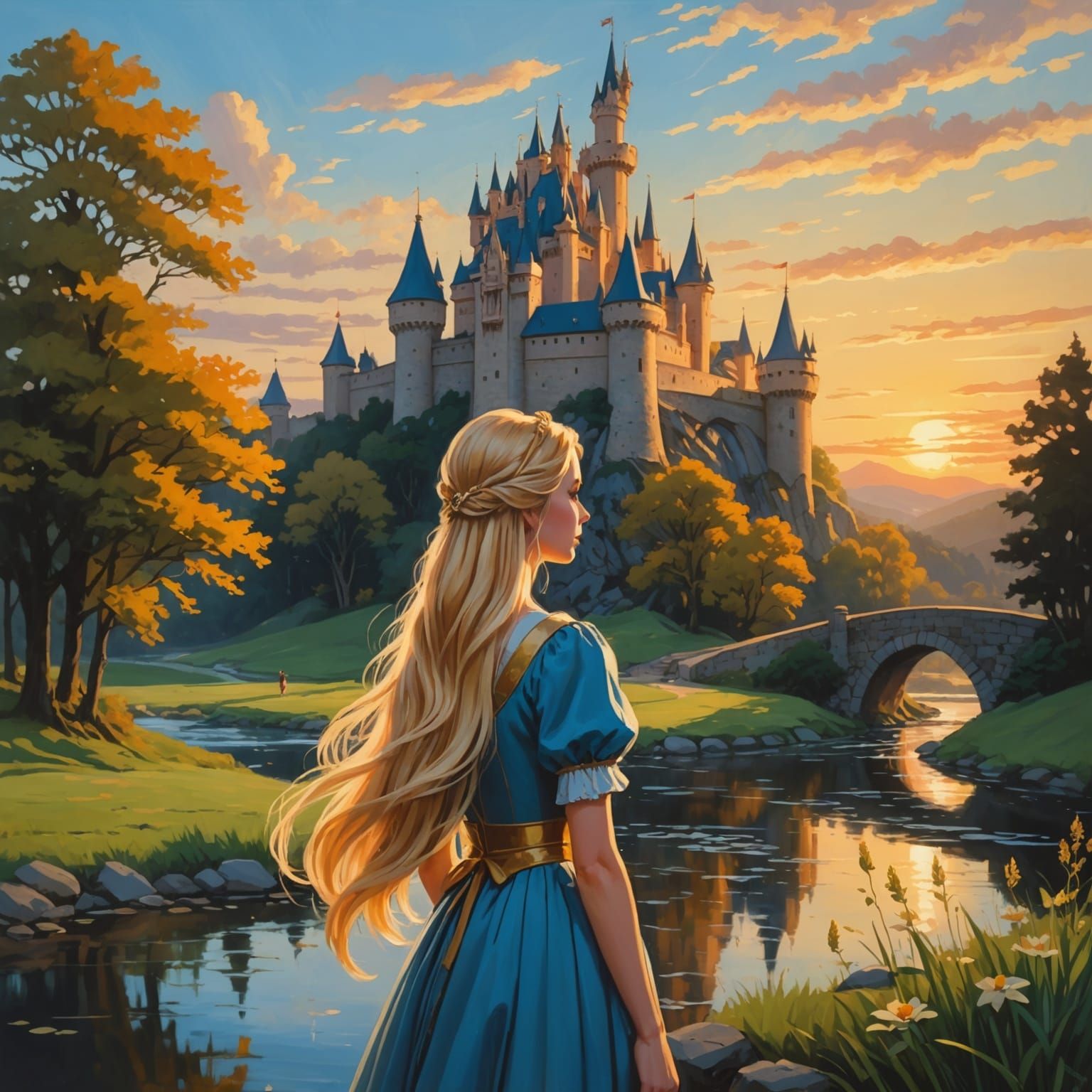 Acrylic painting of a princess, looking to the front, with long blond ...