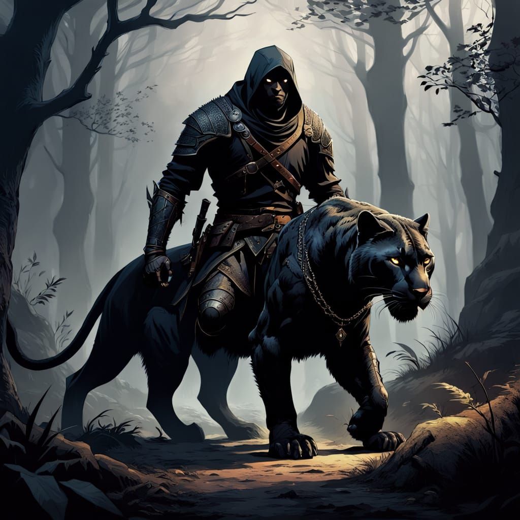 Medieval Rogue and Panther in Mysterious Forest - AI Art