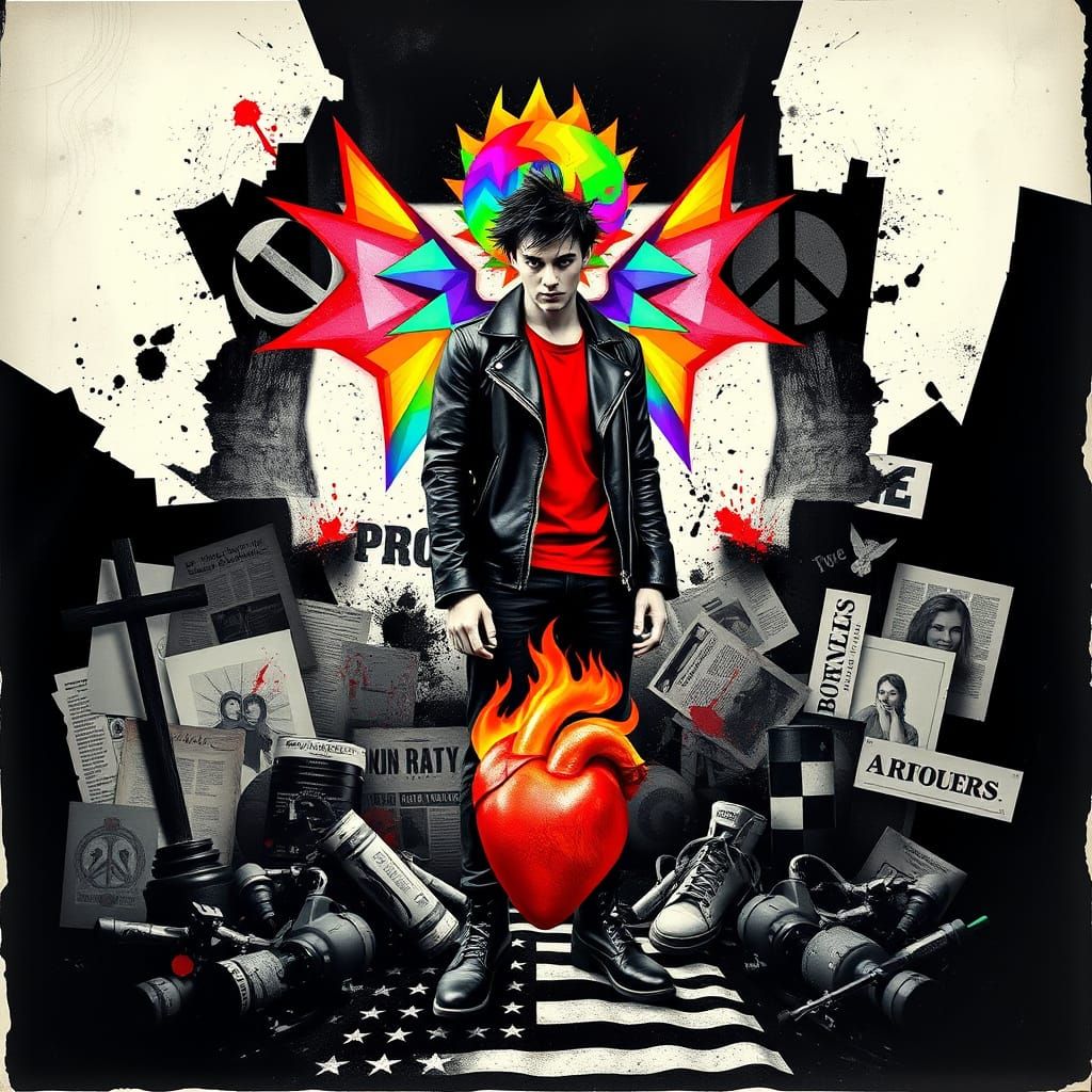 A surrealist, avant-garde art piece depicting a rebellious, androgynous ...