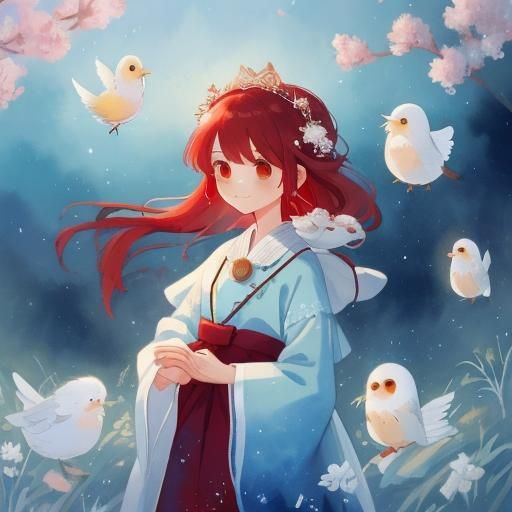 A girl in a white-red robe talking to birds in their language ...