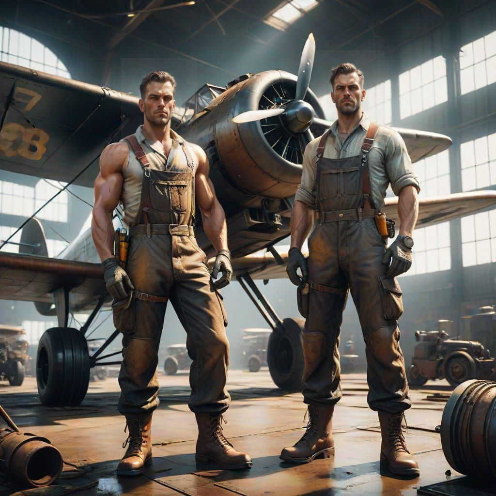 Dieselpunk Men - Dieselpunk Heroes in Gritty Hangar