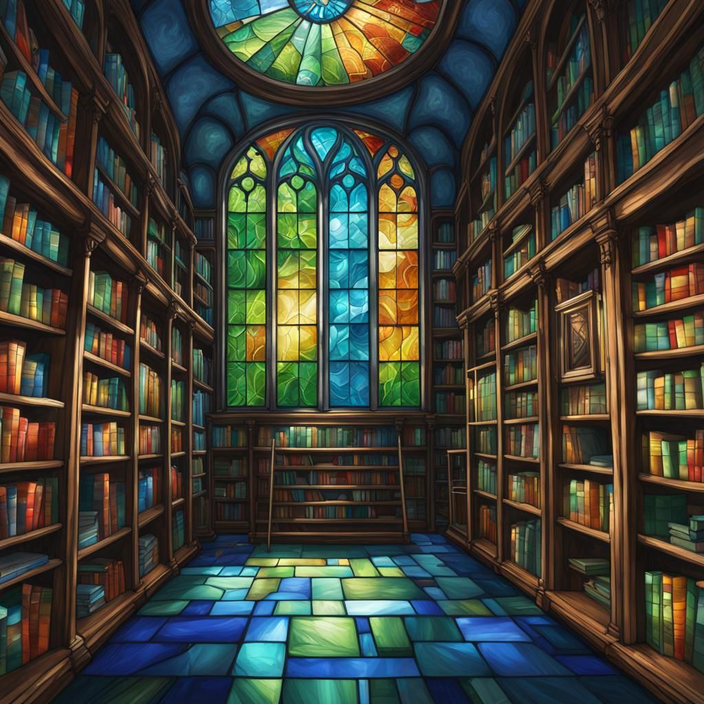 Library with tall shelves, a ladder, and a blue and green stained glass ...