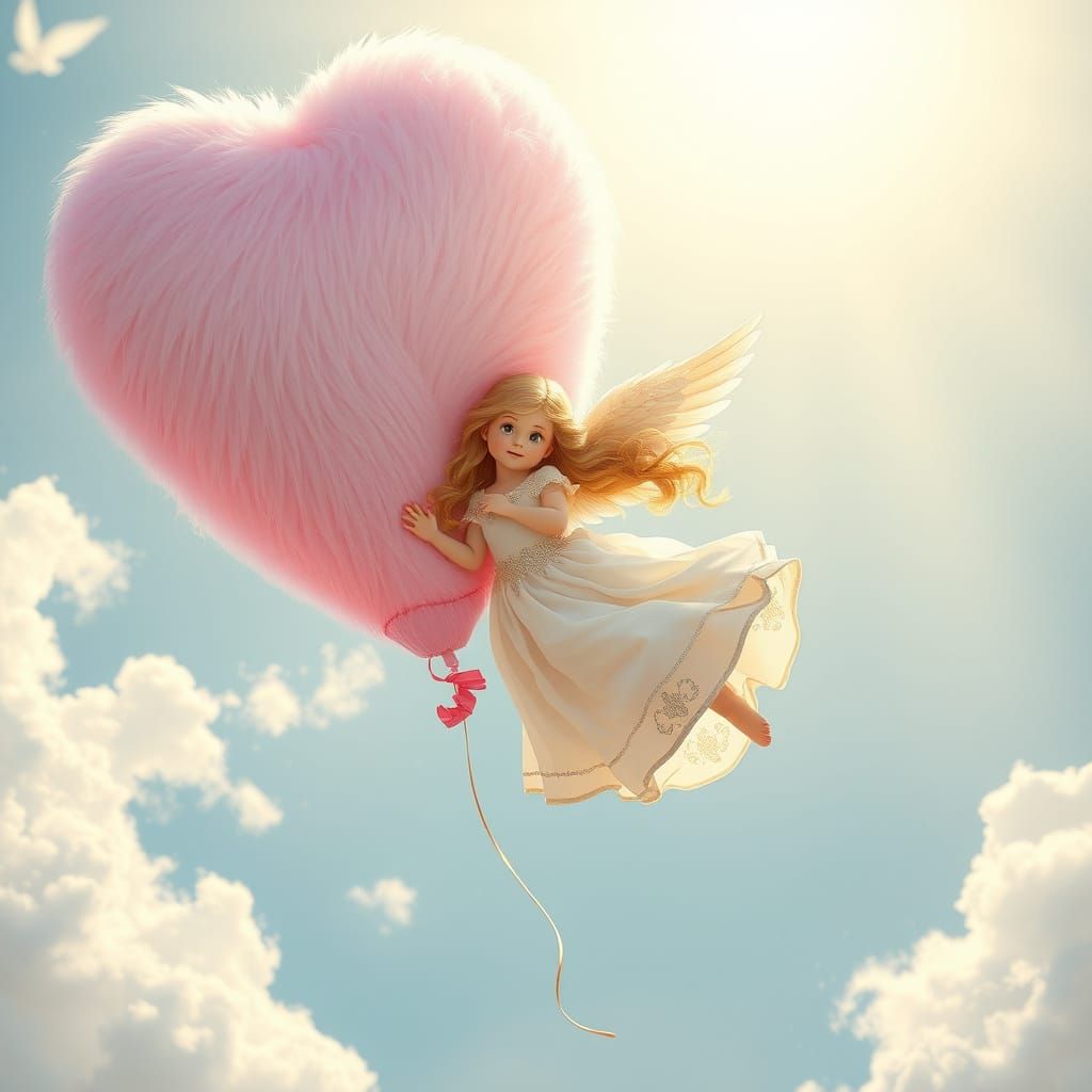 Pink heart shaped fur balloon with a beautiful angel , the ballon has ...