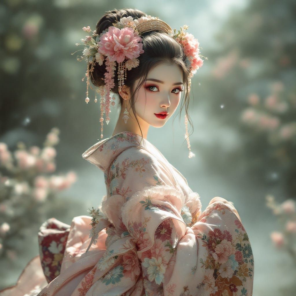 Delicate Beauty - Ethereal Geisha in Pastel Kimono