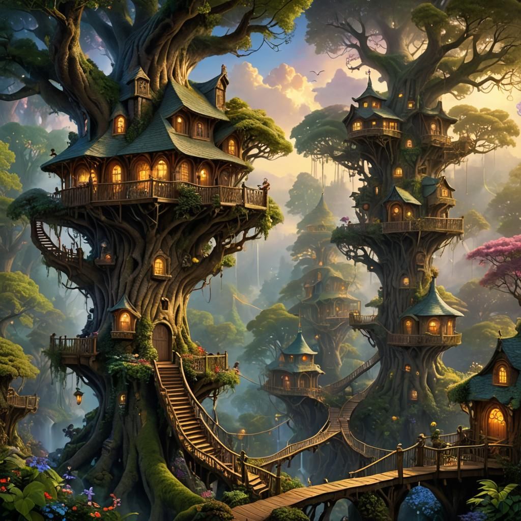 Fantasy Treehouse Sanctuary: In a sprawling, ancient tree, a variety of ...