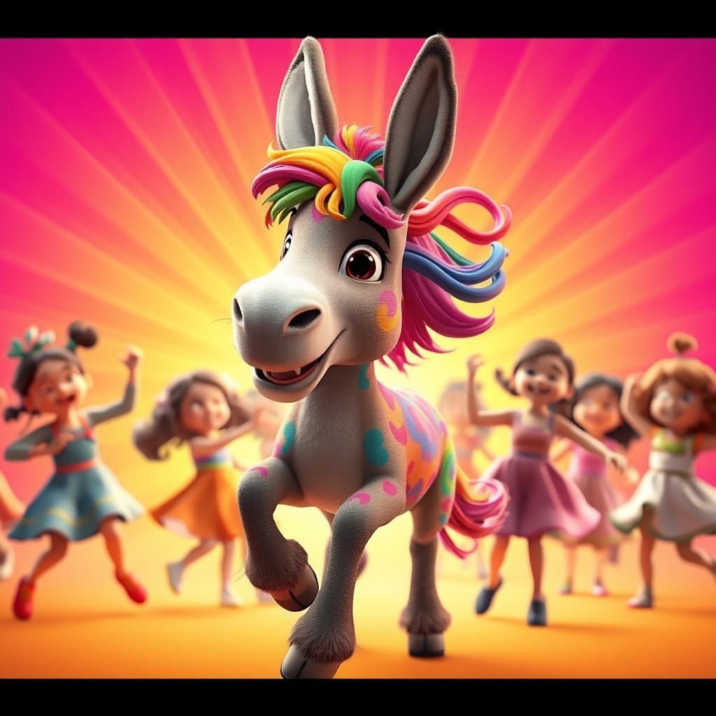 A dancing female donkey of many collors. Smiley and glad, surrounded of ...