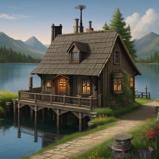 Cottage by the lake - AI Generated Artwork - NightCafe Creator