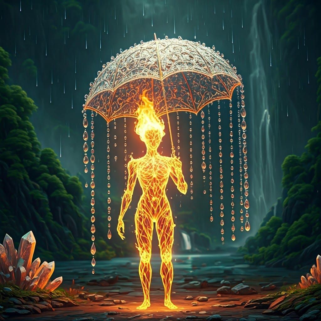 An enchanting figure made of enchanted flames holds a magnificent umbrella