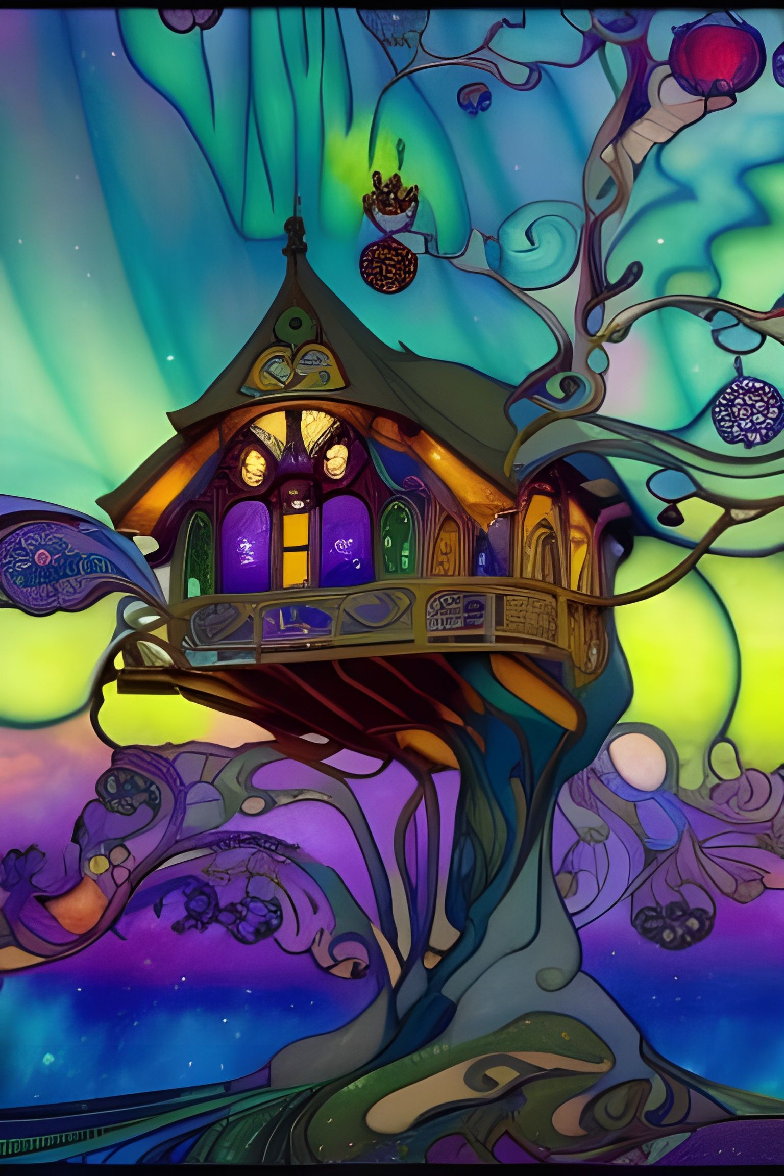 Groovy Stain Glass Treehouse - AI Generated Artwork - NightCafe Creator