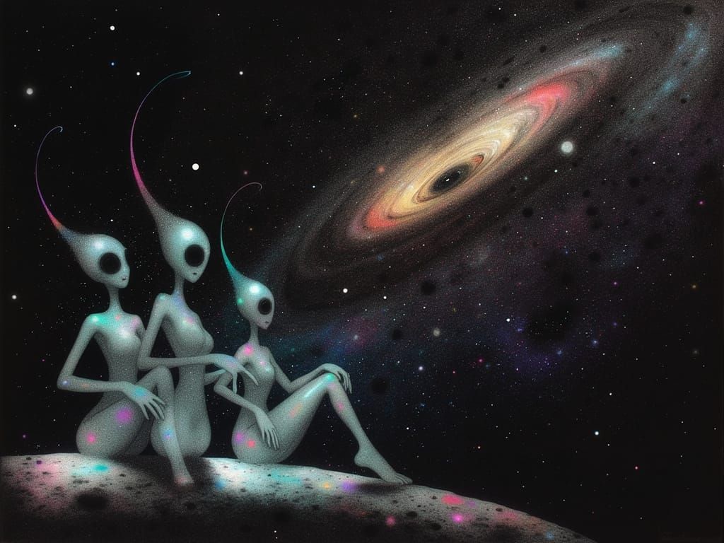 Three transparent humanoid aliens are floating together, sitting, lying ...