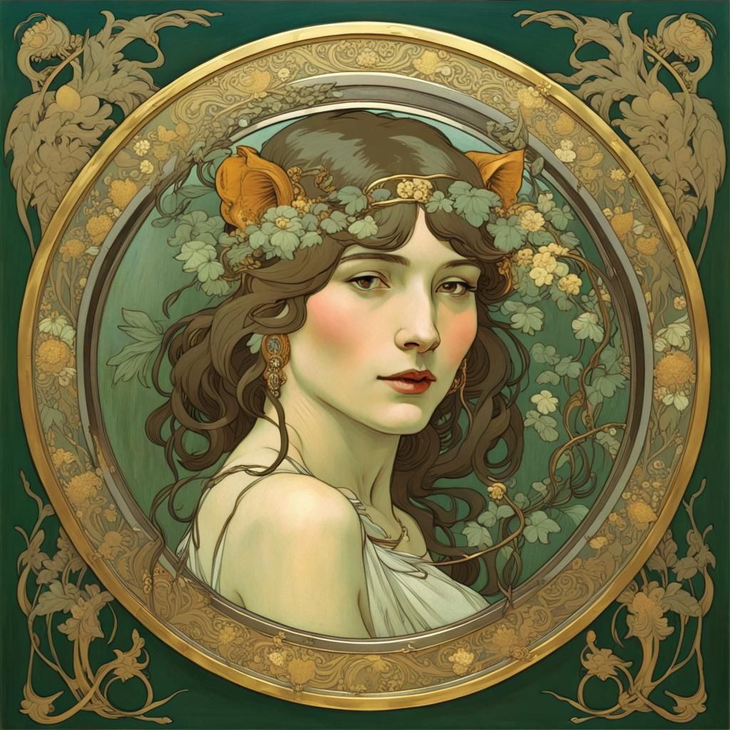 Alphonse Mucha, a lady with a tiger in a round picture frame with gold ...