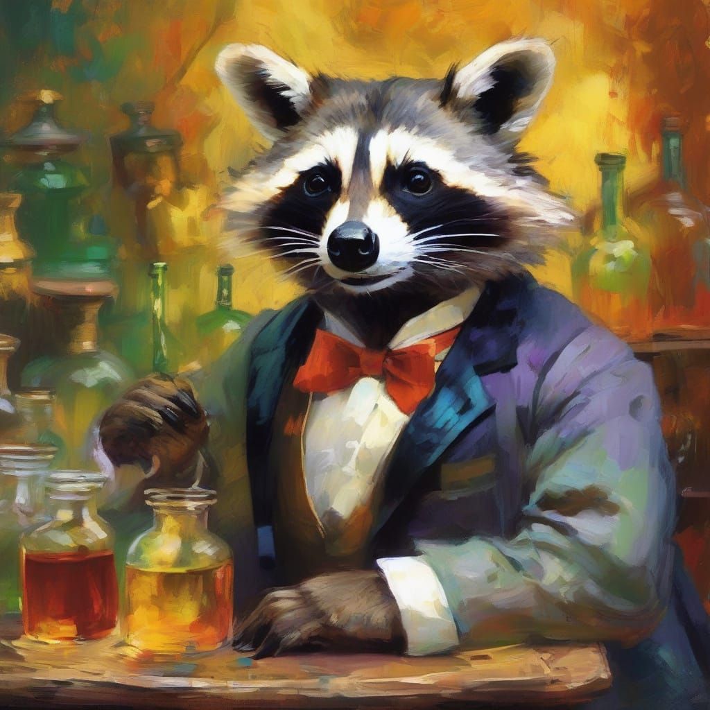 Whimsical Raccoon Professor Brews Magical Potions - AI Art