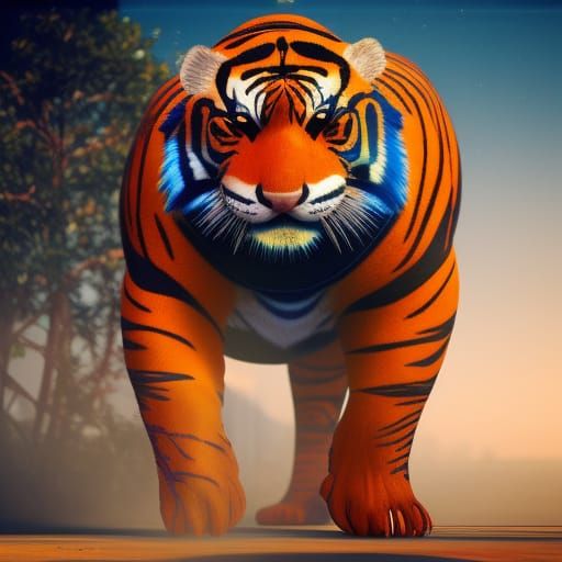 A giant orange and blue striped tiger in intricate mech details, ground ...