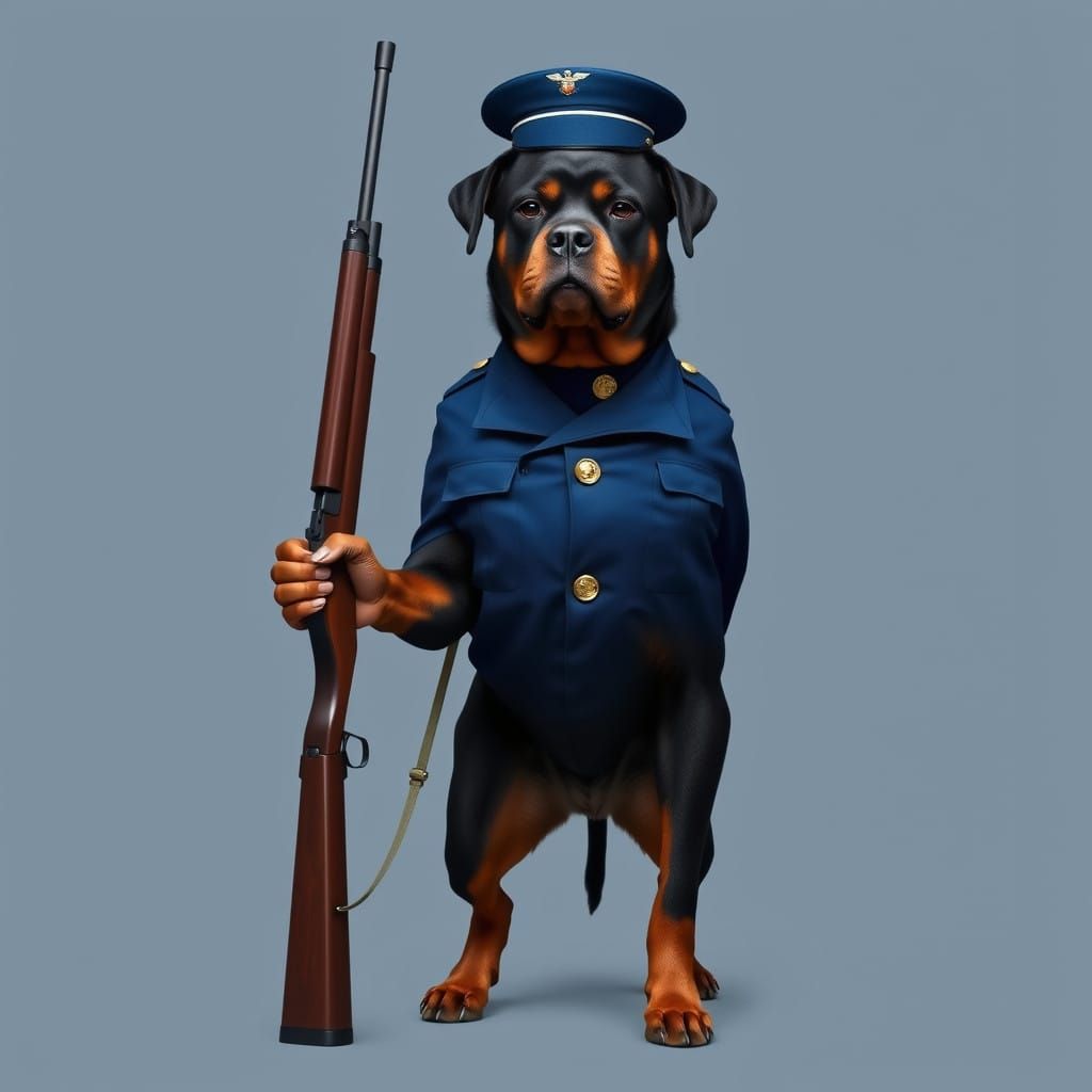 A rottweiler dog is a US Marine officer dressed in the blue uniform ...