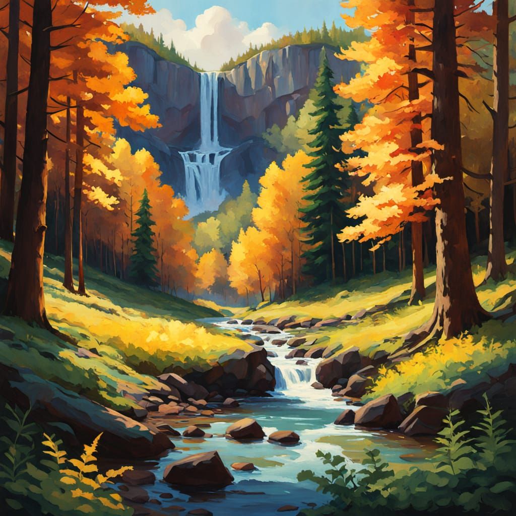 Mountain Waterfall Scene - Mountain Waterfall Scene
