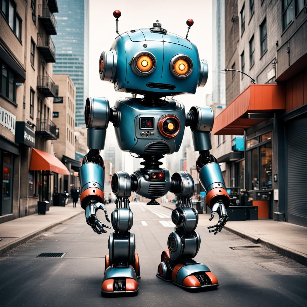 Funky robot in a city - AI Generated Artwork - NightCafe Creator
