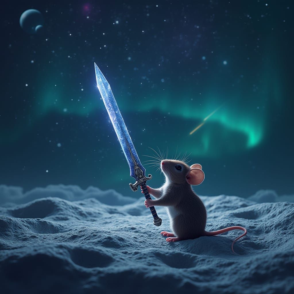 Mouse Wields Sword on Lunar Surface Amid Celestial... - AI Art