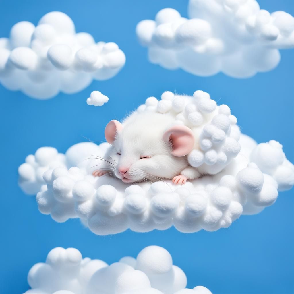 Photograph, Hyperrealistic, A fluffy white cloud sleeping chibi mouse ...