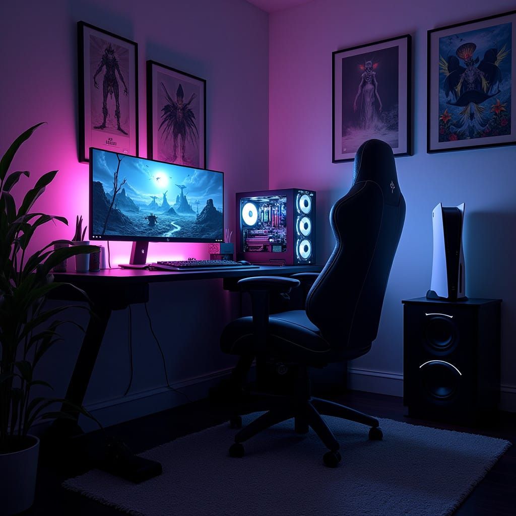 Futuristic Gaming Lair with High-Tech PCs and Neon... - AI Art