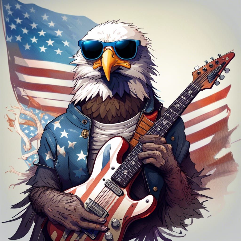 Portrait of adorable bald eagle holding a electric guitar and wearing ...