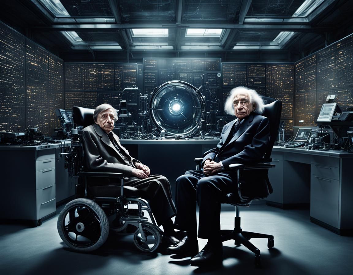 Portrait of Stephen Hawking with Albert Einstein in a futuristic lab ...