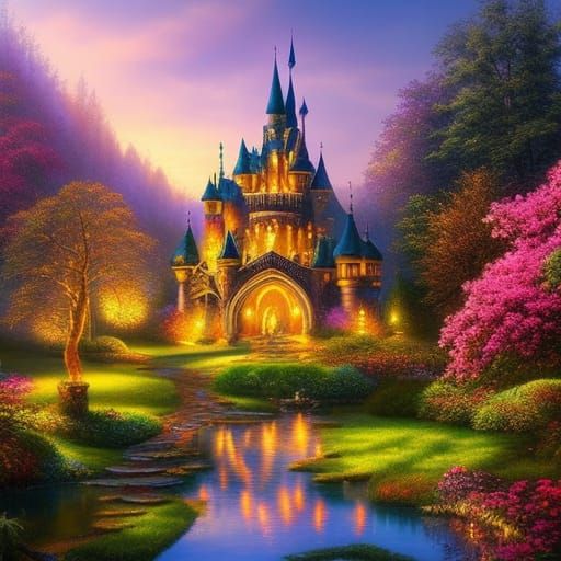fantasy fairy castle in an enchanted garden full of rivers and ponds, a ...