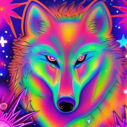 psychedelic holographic iridescent pink wolf surrounded by stars and ...