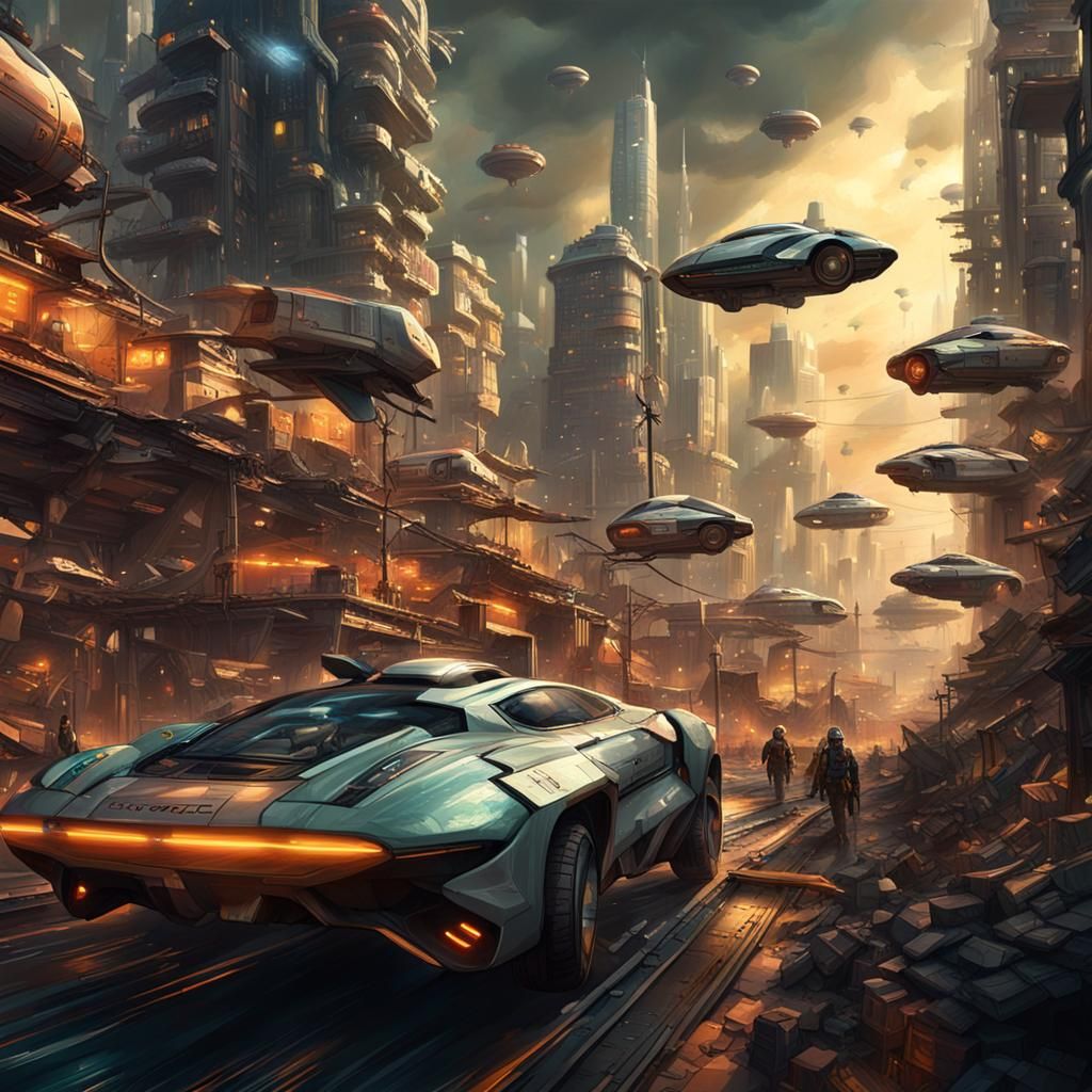 city of the future,full of electronic cars on road,lots of tall ...