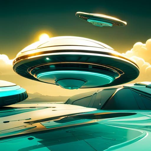 ufos ; flying ; retro futuristic style ; gold and teal ; intricate mech ...