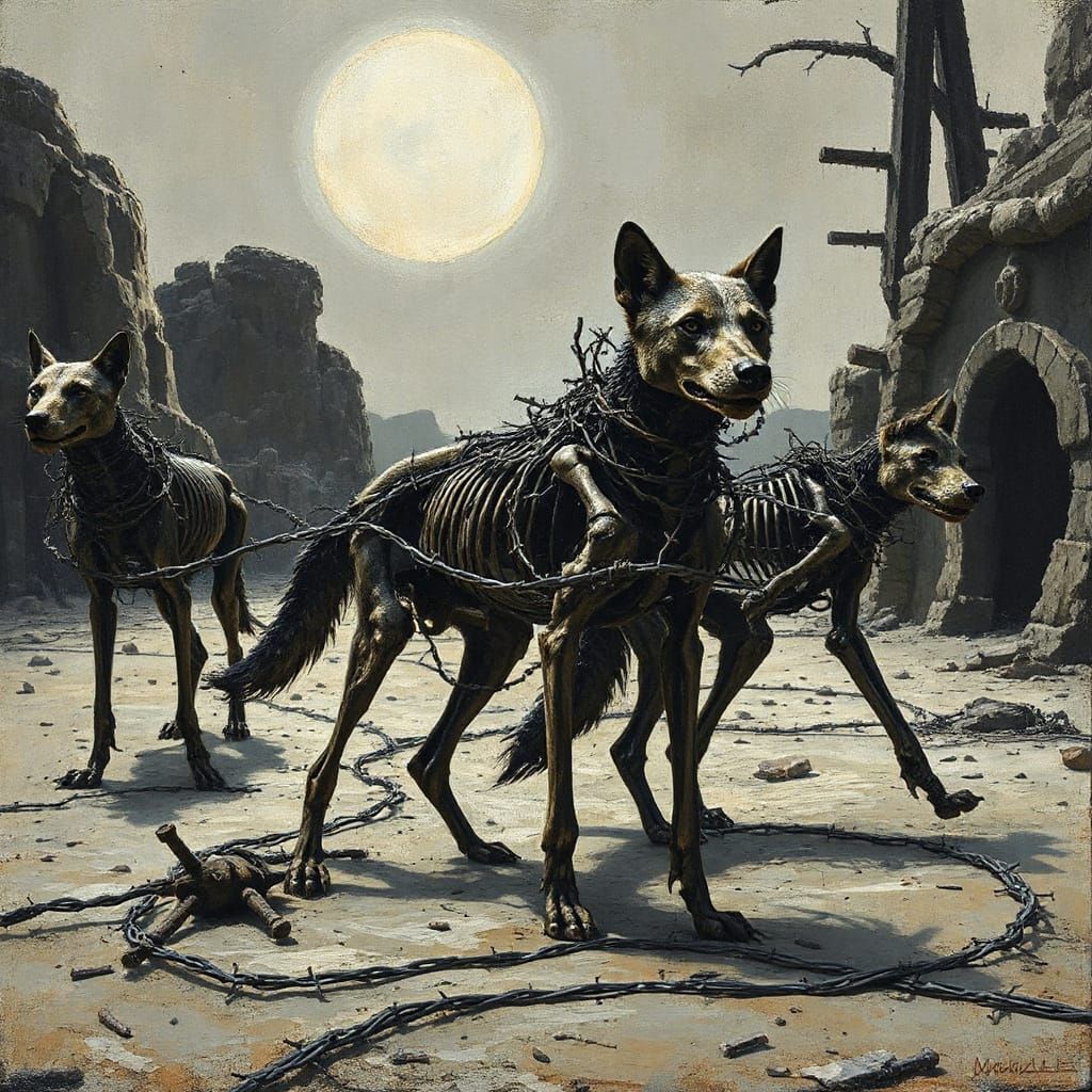 Wire-Wrapped Wolves in a Schiele-Bacon-Glitch Fusi... - AI Art