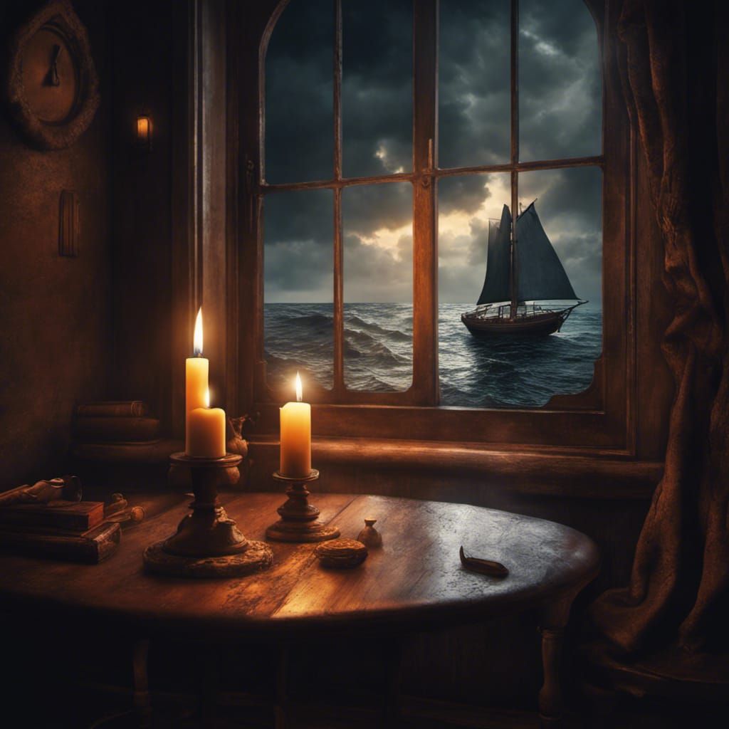 A candle alone on a table in a dimly lit room by the stormy ocean that ...