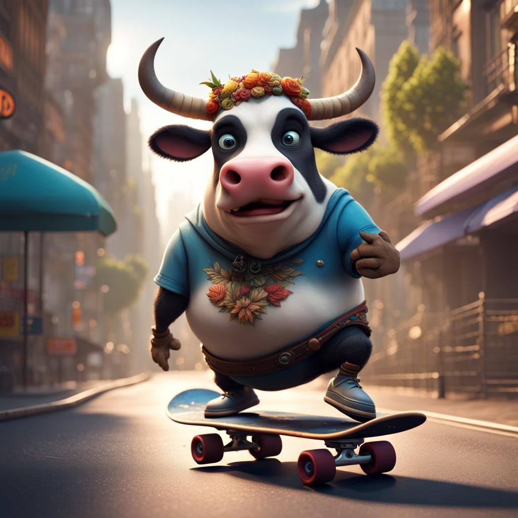 a fat cow riding a skate board - AI Generated Artwork - NightCafe Creator