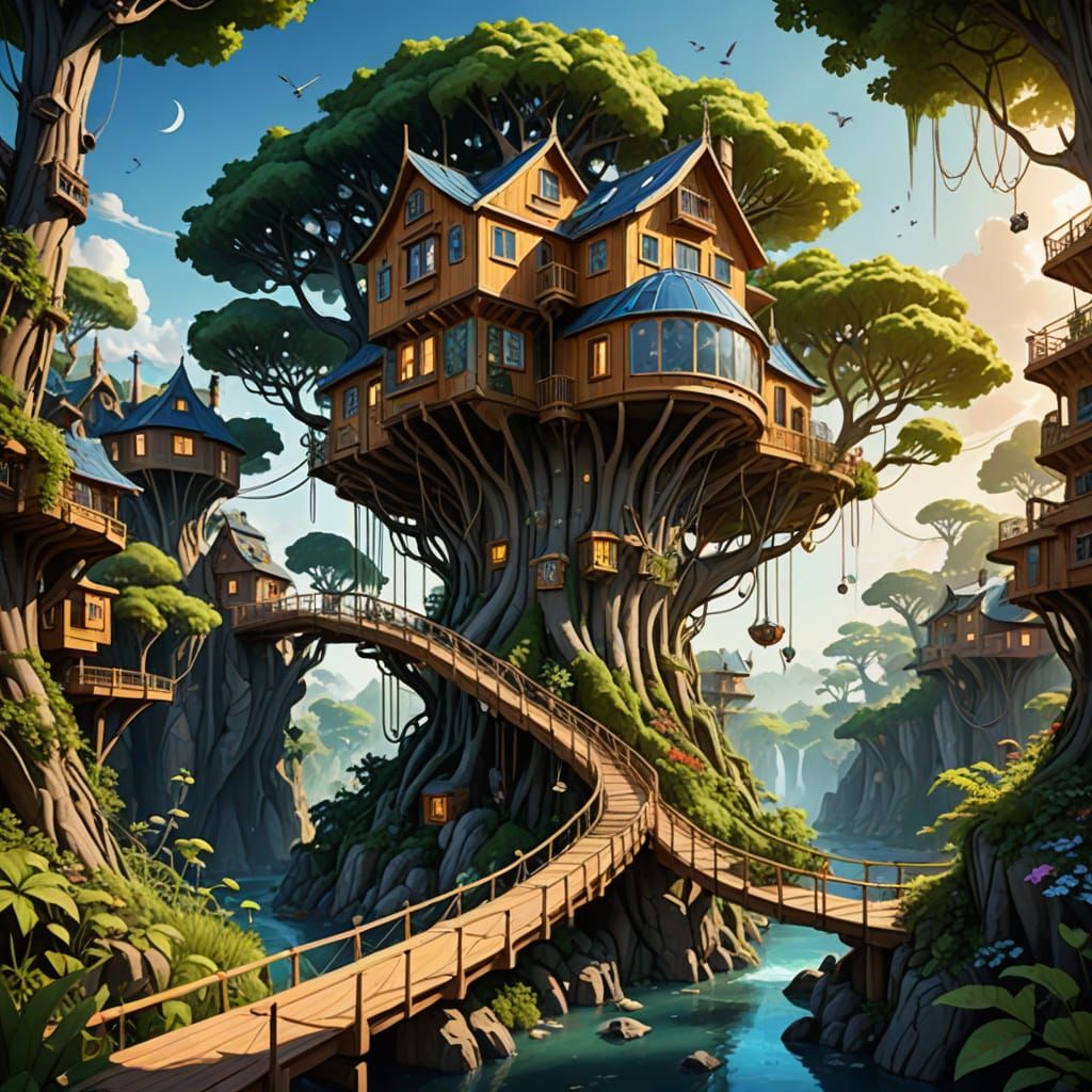imagine a solarpunk treehouse village nestled within the branches of ...