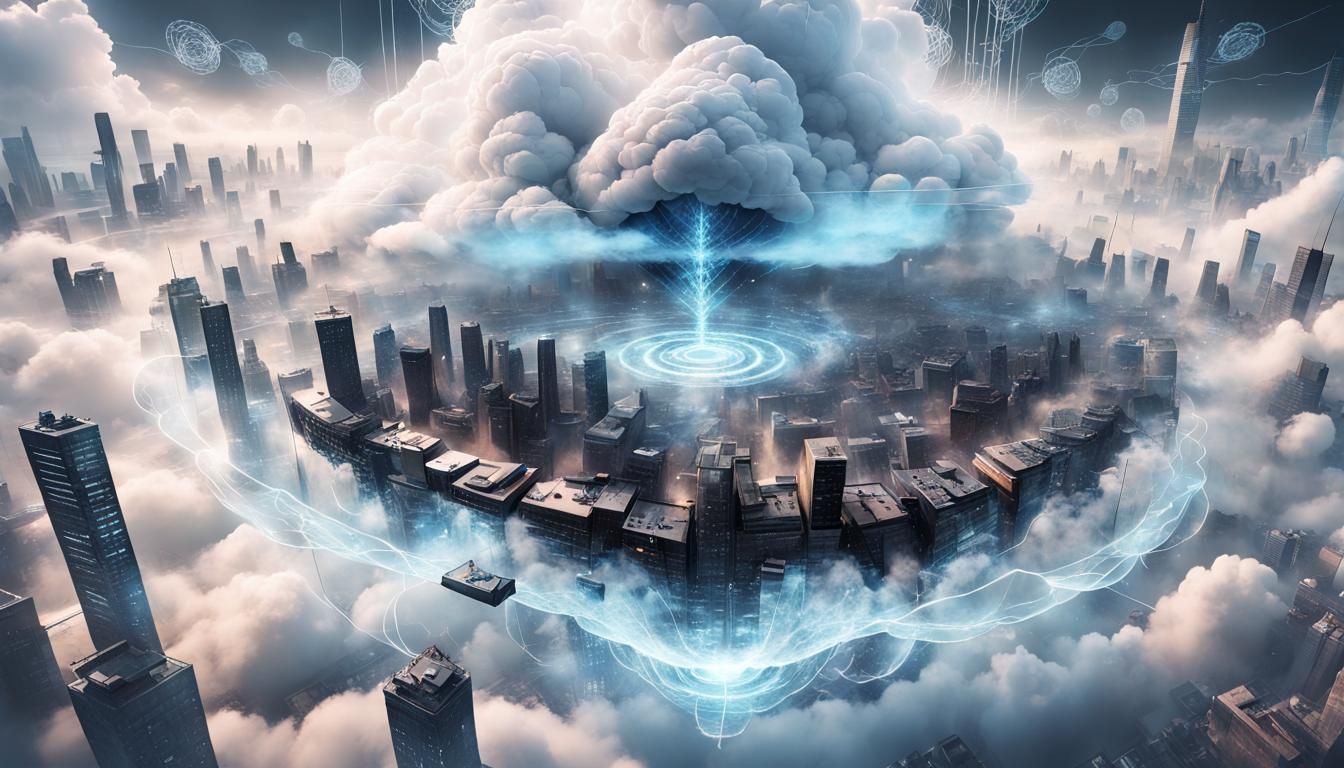a cloud that is floating over a city, digital illustration radiating ...