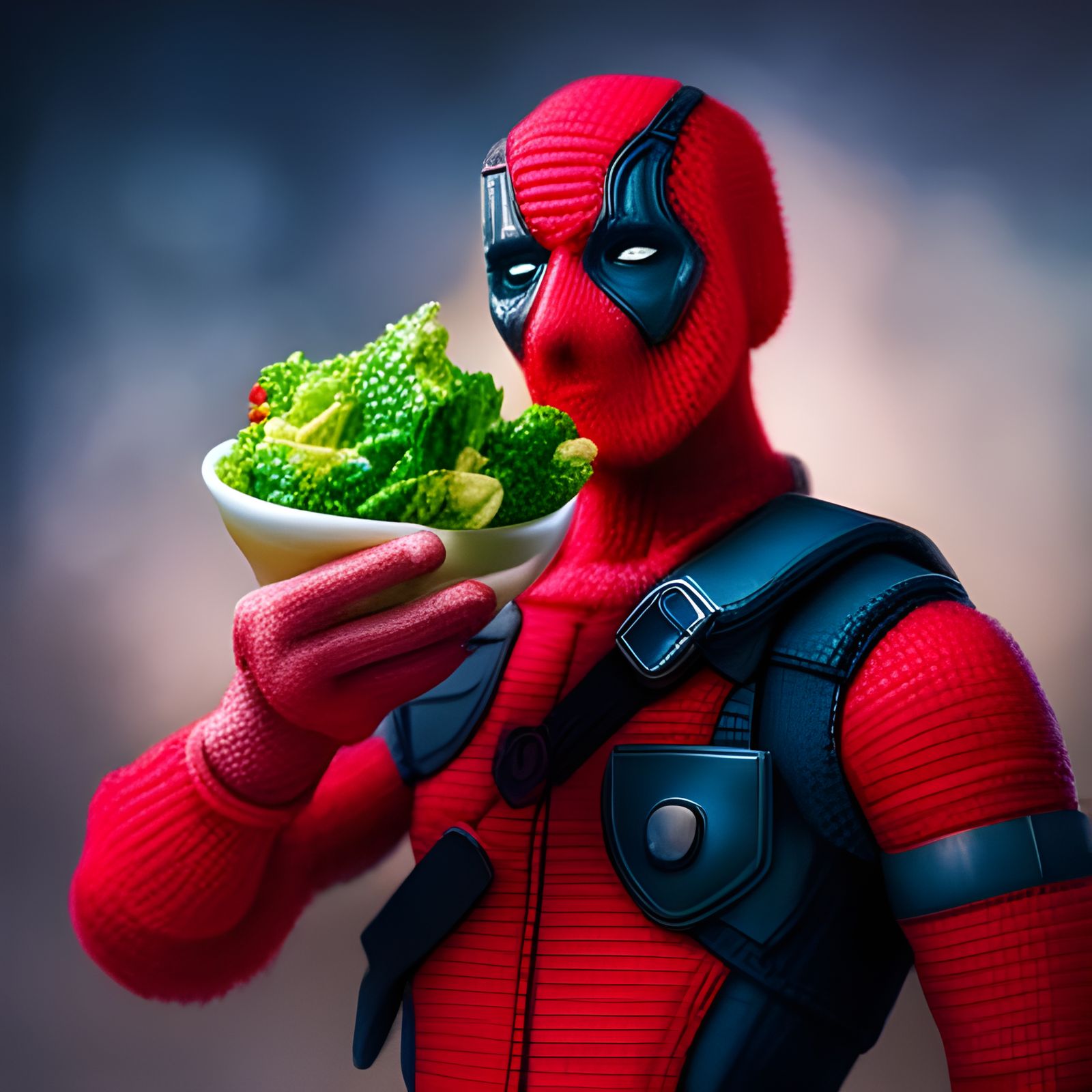 Amigurumi Deadpool eating salad - AI Generated Artwork - NightCafe Creator
